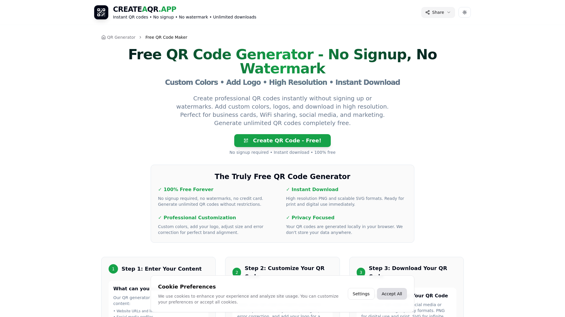 Free QR Code Generator - No Signup, No Watermark, Unlimited Downloads