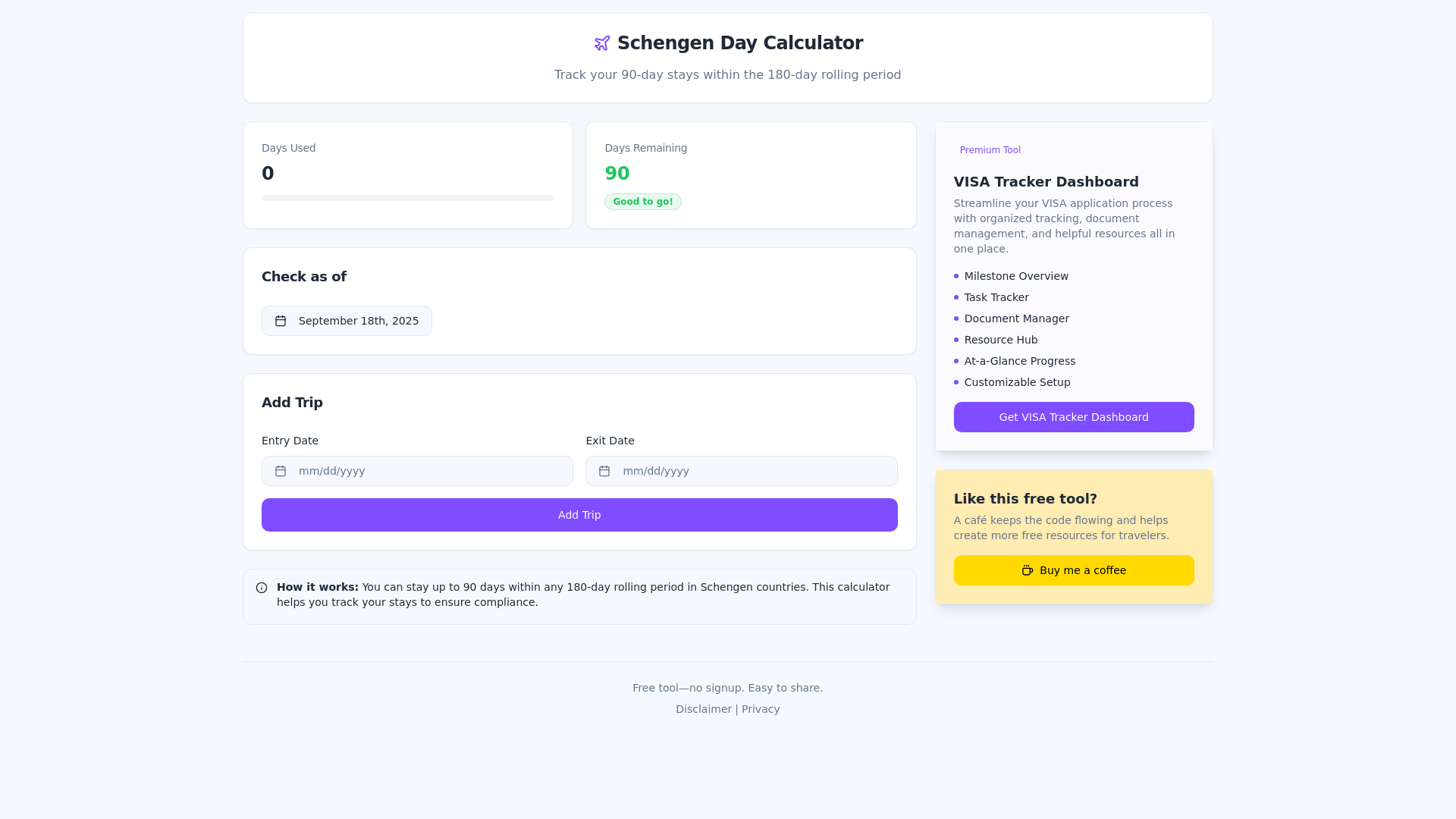 Schengen 90/180 Day Calculator | Free Visa Compliance Tool