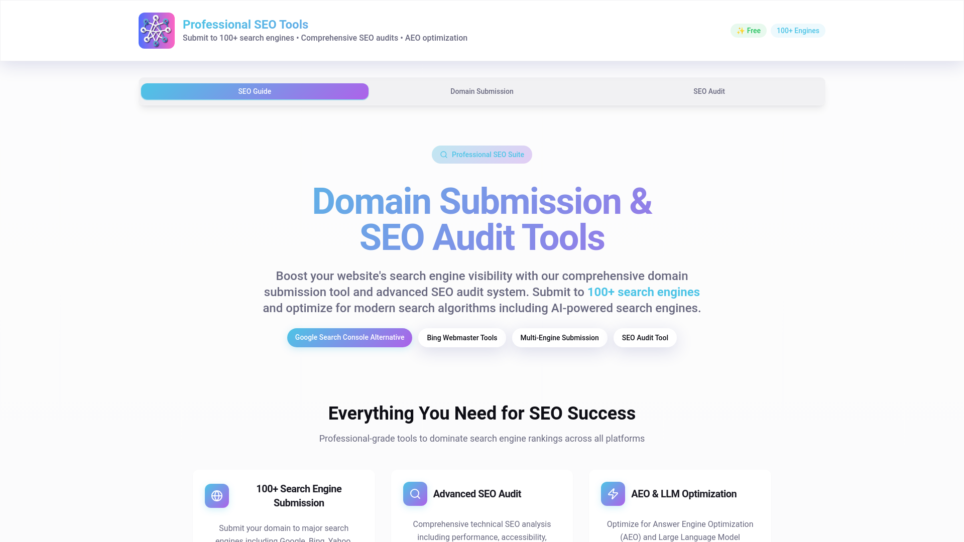 Professional Domain Submission & SEO Audit Tools | Submit to 100 ...