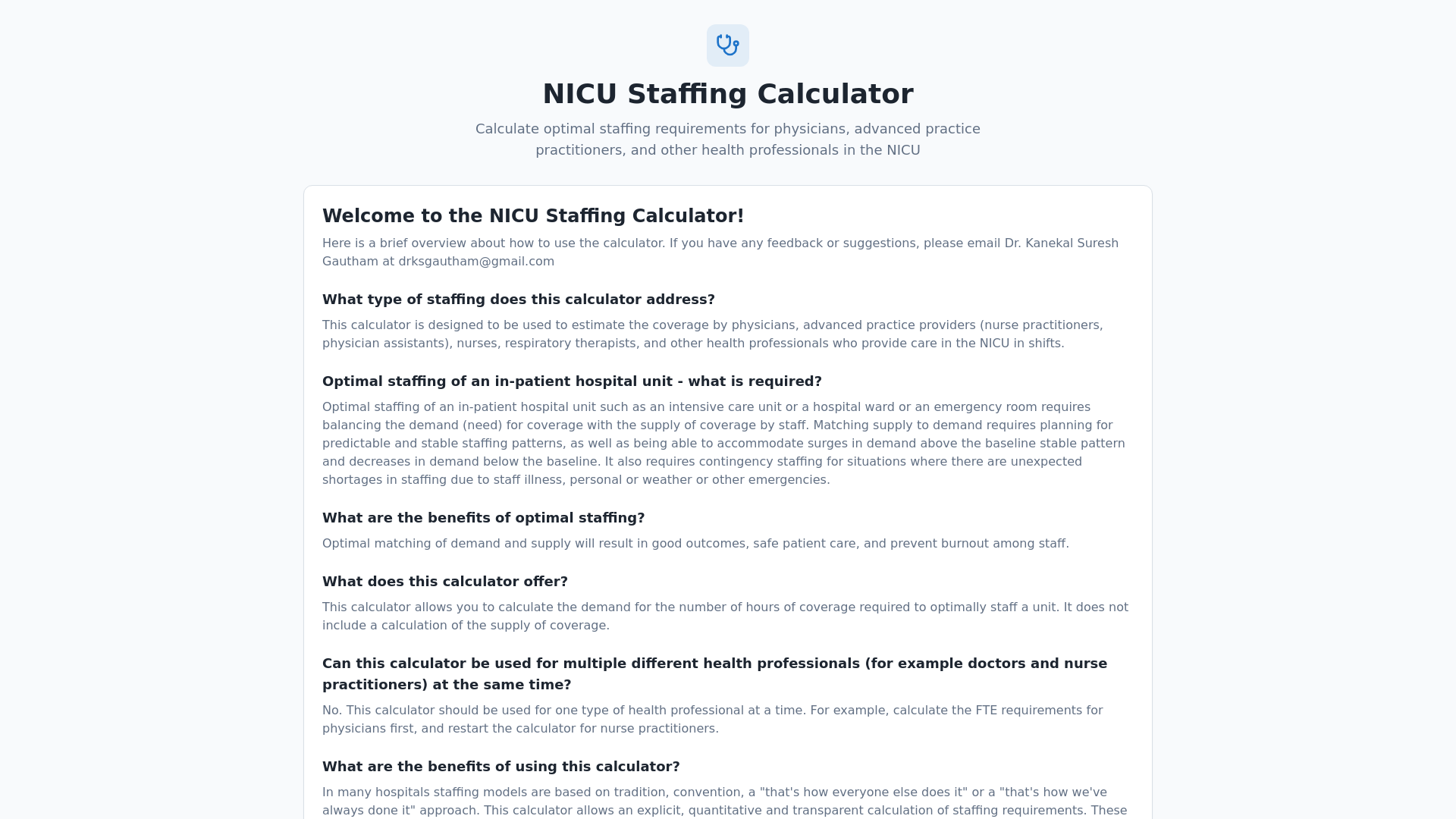 Hospital Unit FTE Calculator - Staffing Requirements Tool