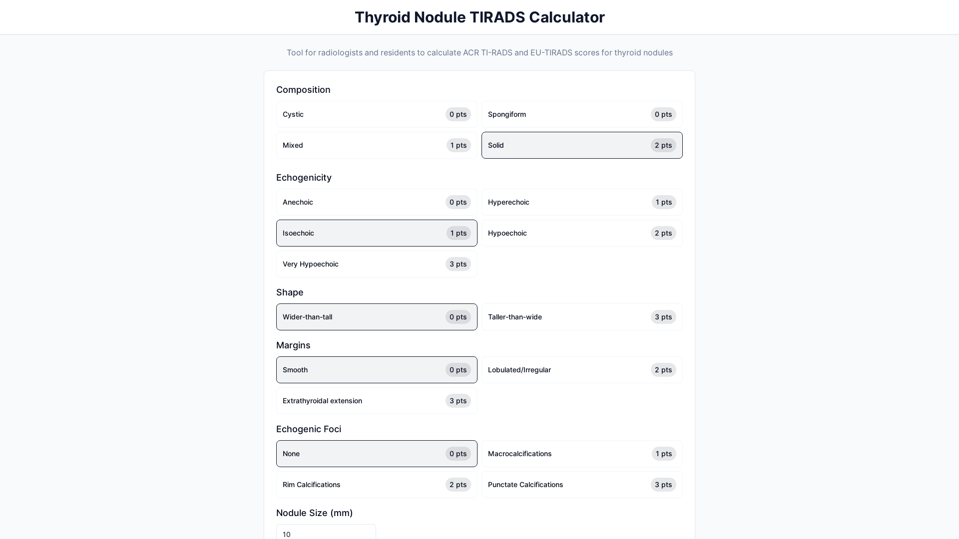 Thyroid Nodule TIRADS Calculator
