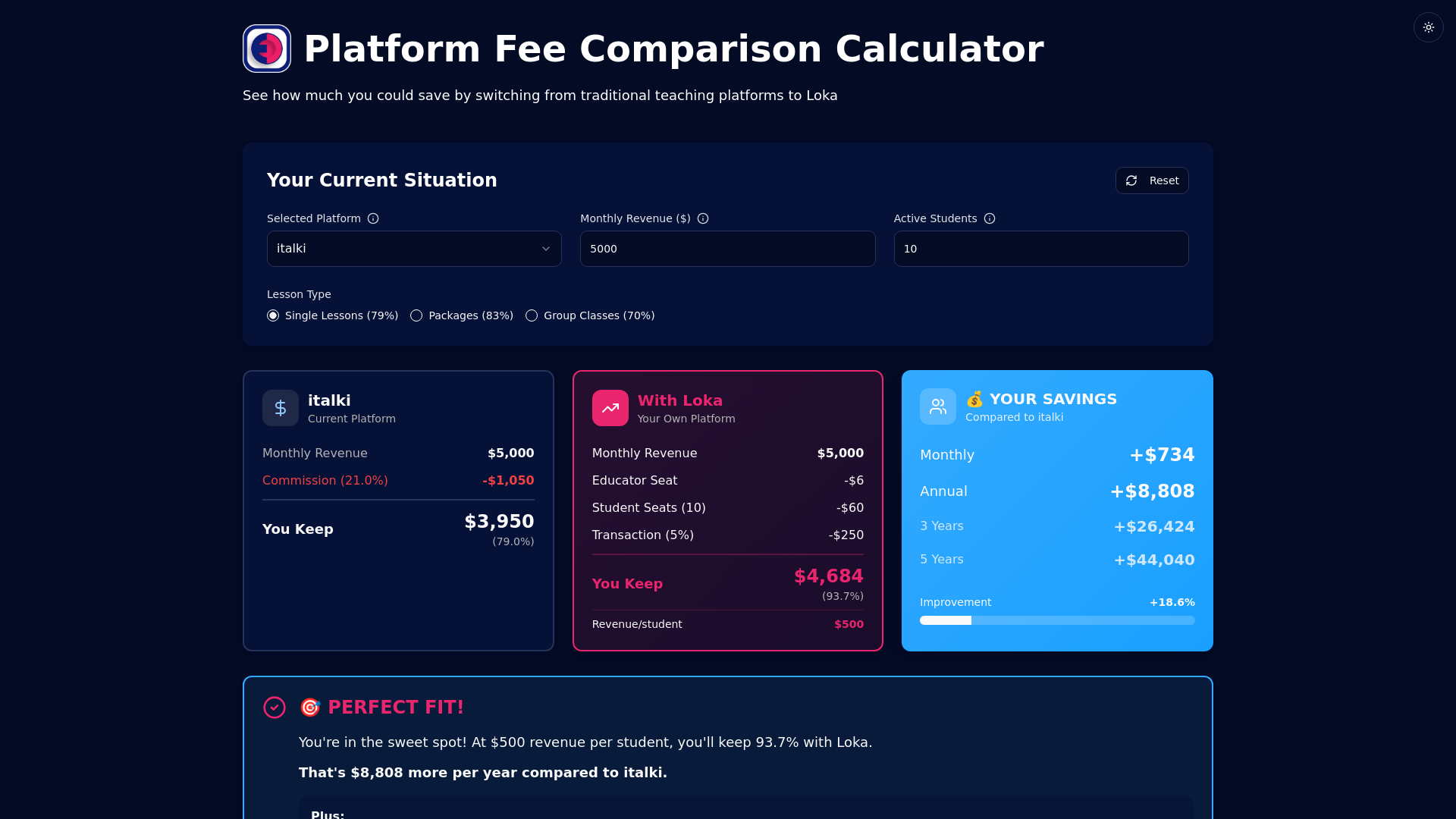 Platform Fee Comparison Calculator | Teaching Platform vs Loka