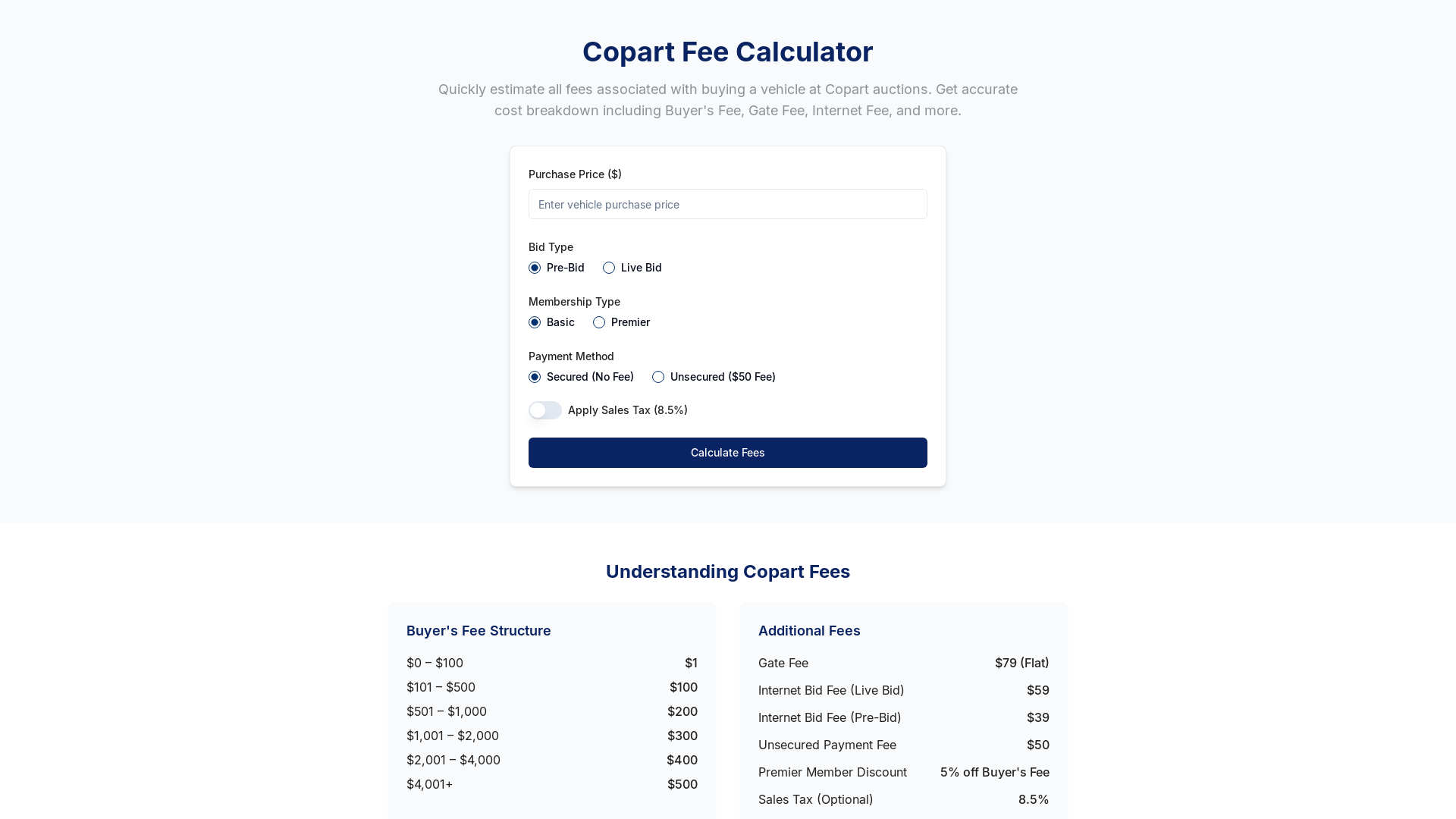 Copart Fee Calculator – Estimate Copart Auction Fees Instantly