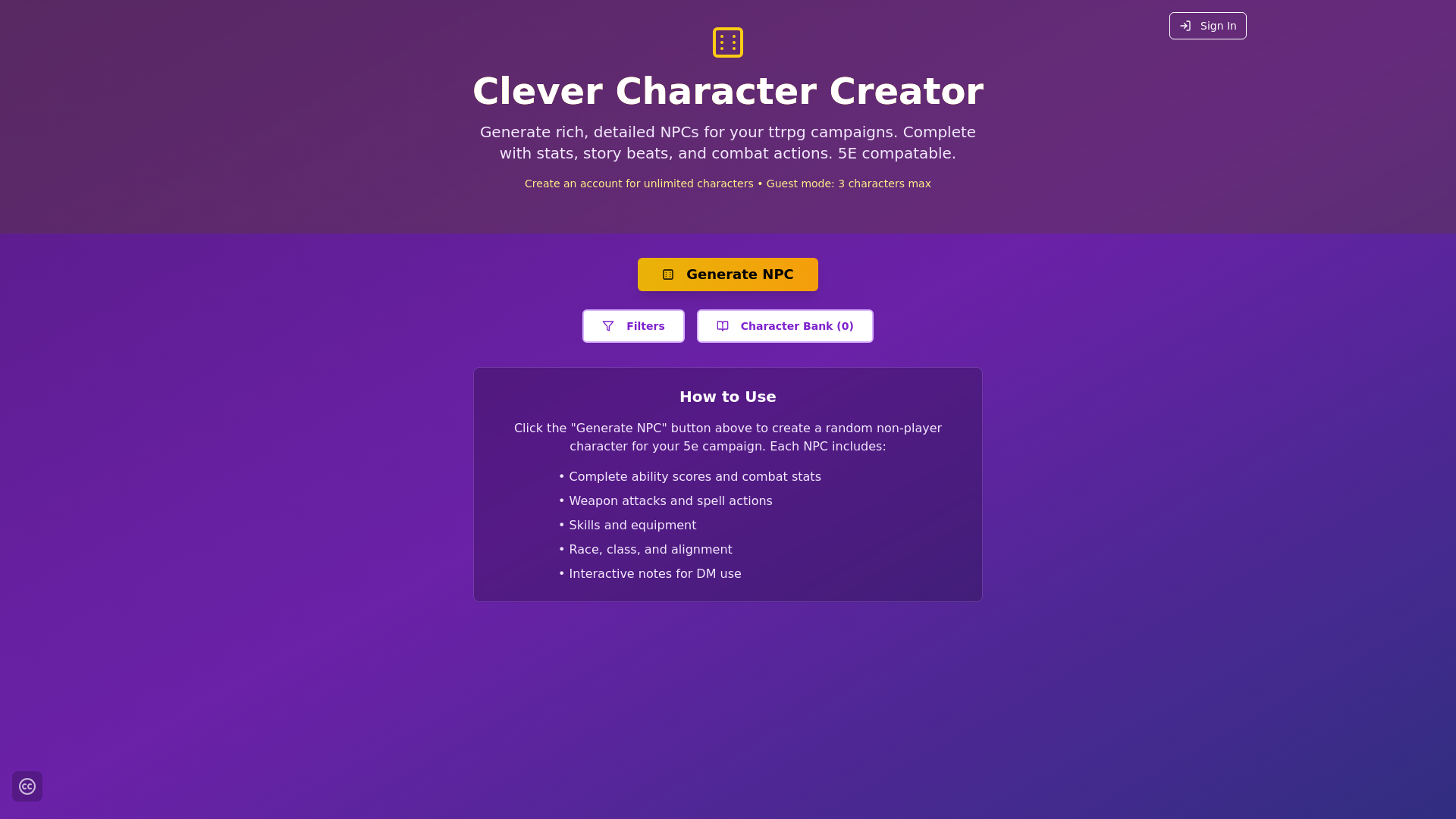 Clever Character Creator - D&D NPC Generator for Dungeons & Dragons