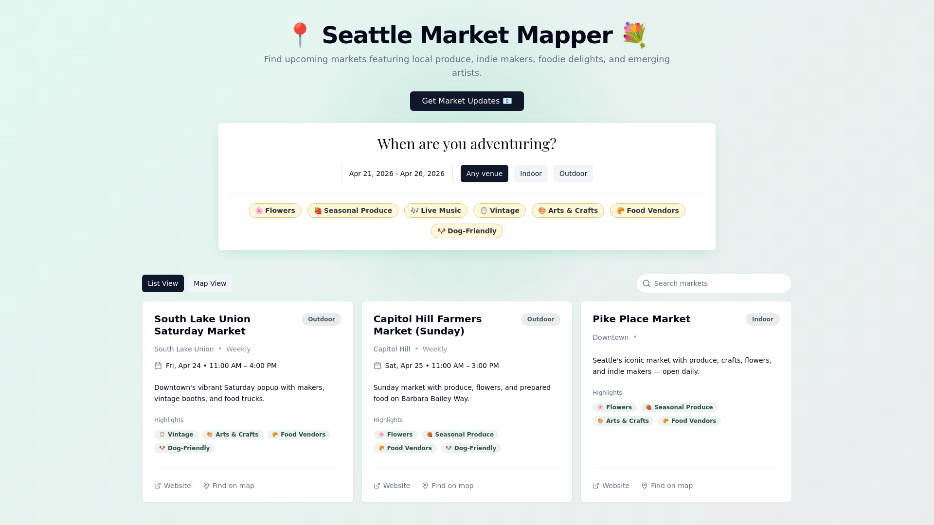 Seattle Markets Finder | Arts, Crafts, Vintage & Farmers