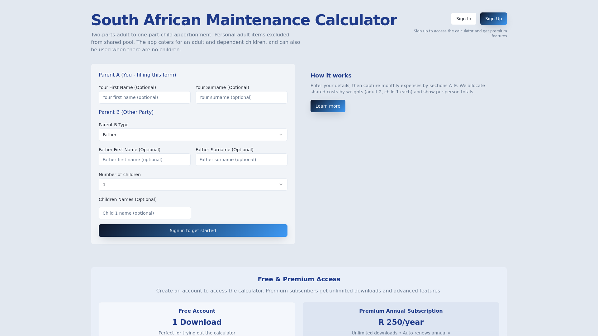 SA Maintenance Calculator