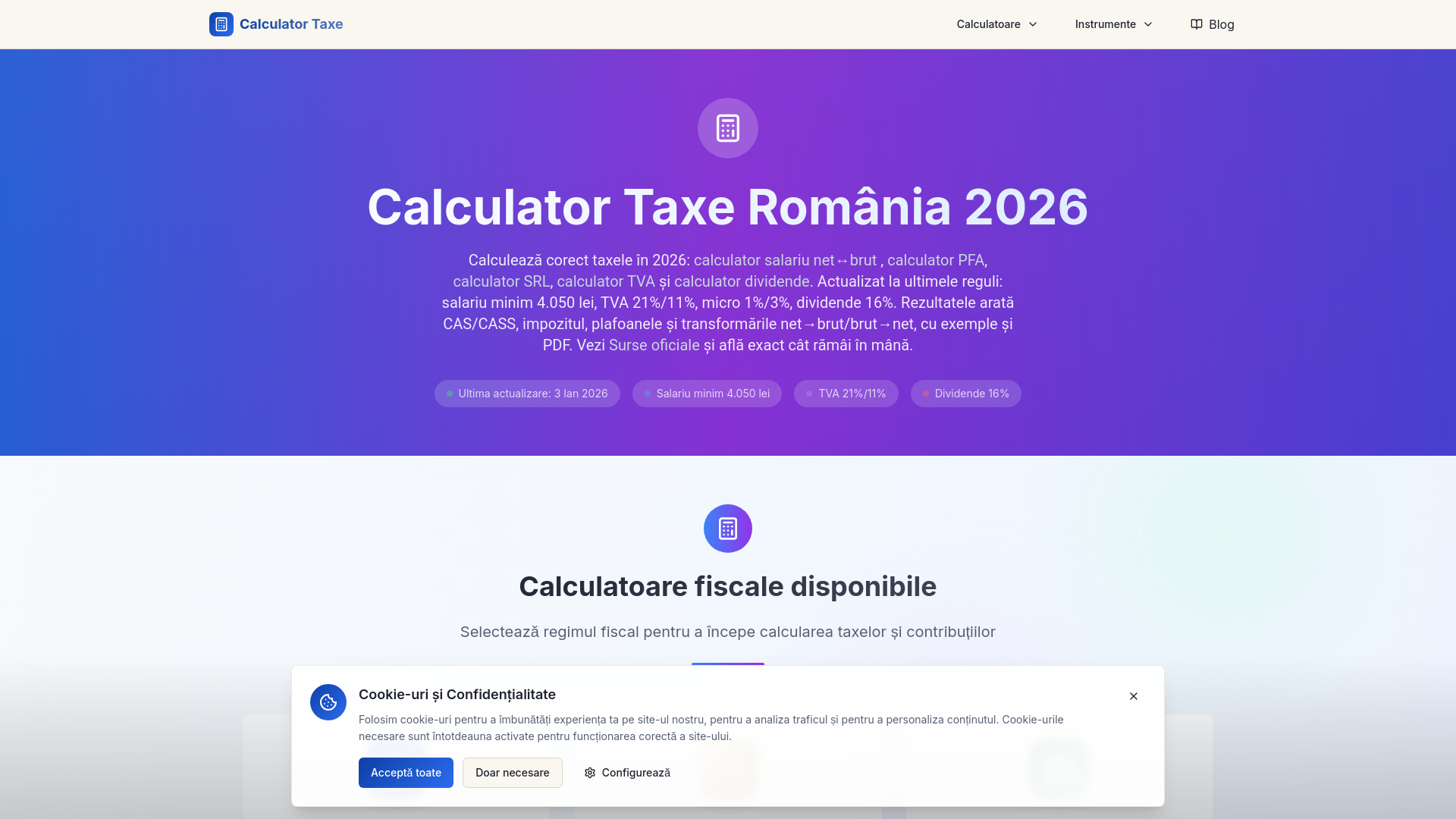 Calculator Taxe România 2026 – Calcul Impozite și Contribuții