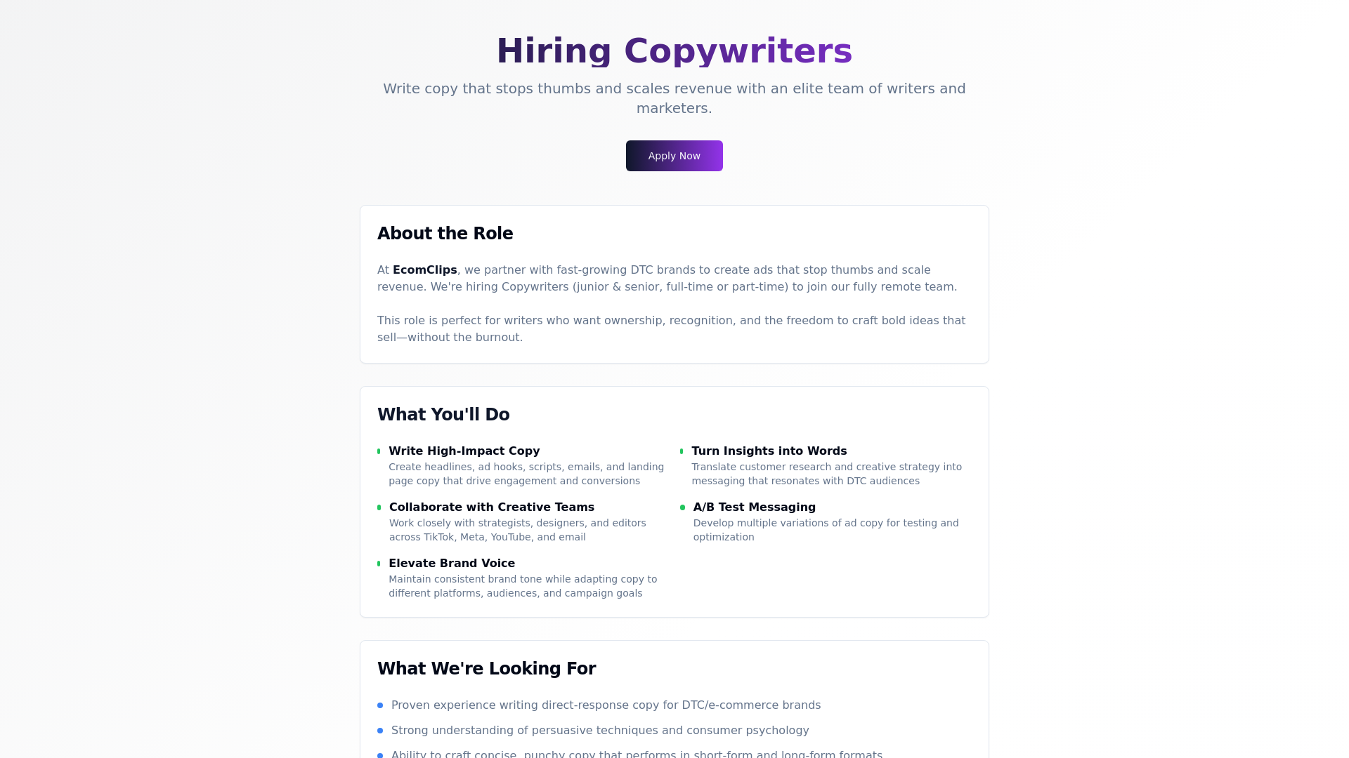 Ecom Clips - Copywriter Applications