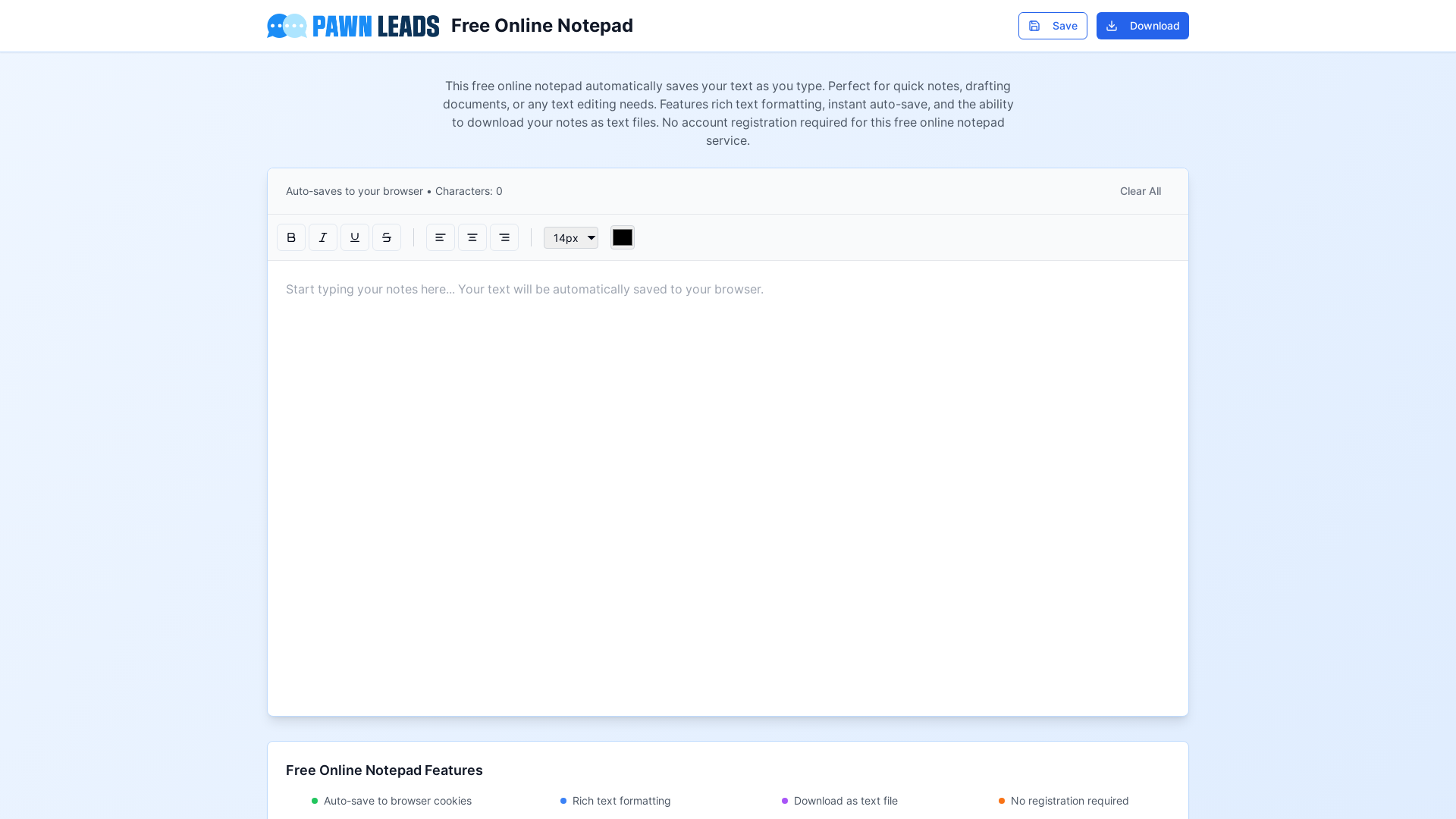 Free Online Notepad - Auto-Save Text Editor | Pawn Leads