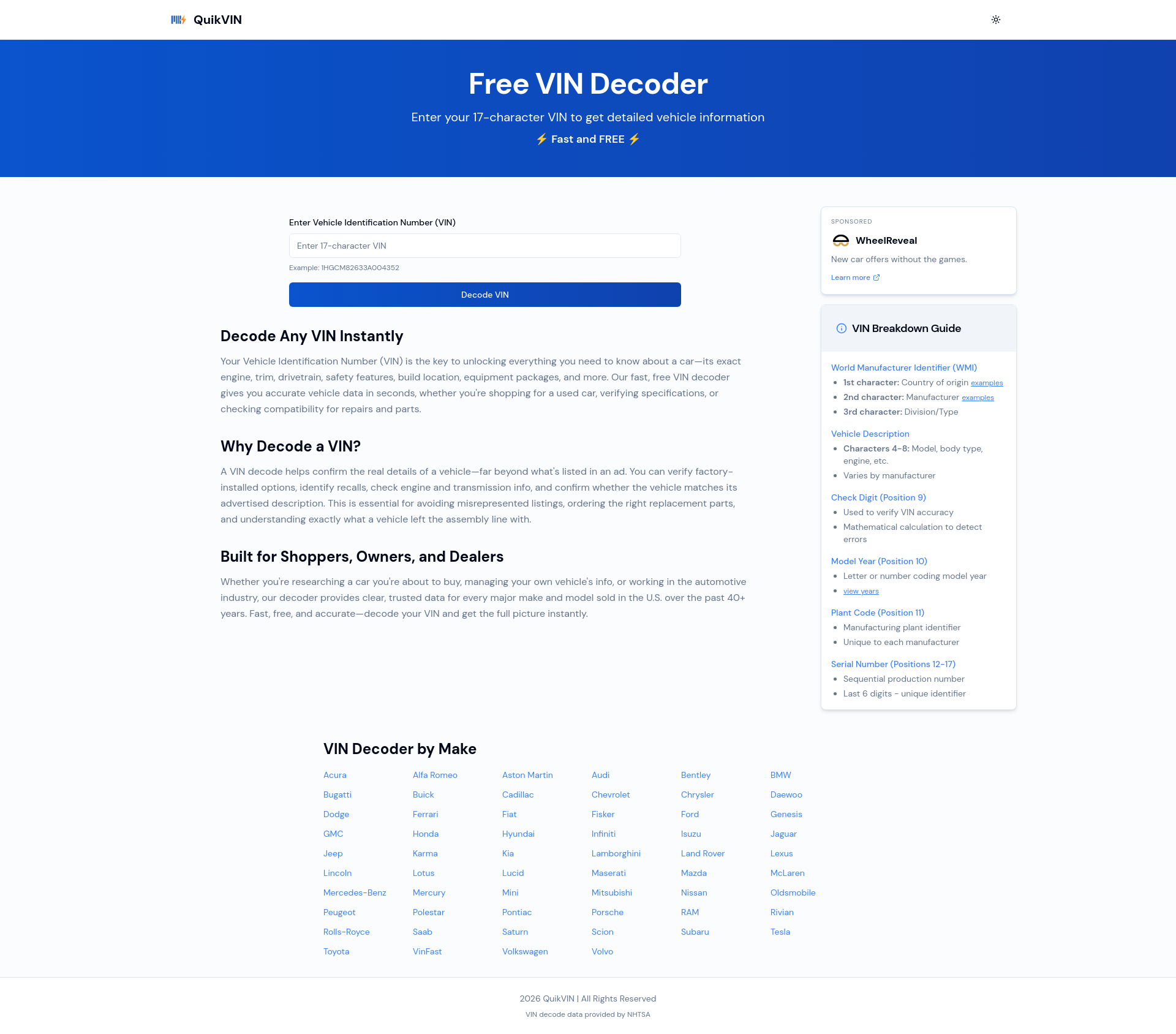Free VIN Decoder | Fast VIN Lookup | QuikVIN