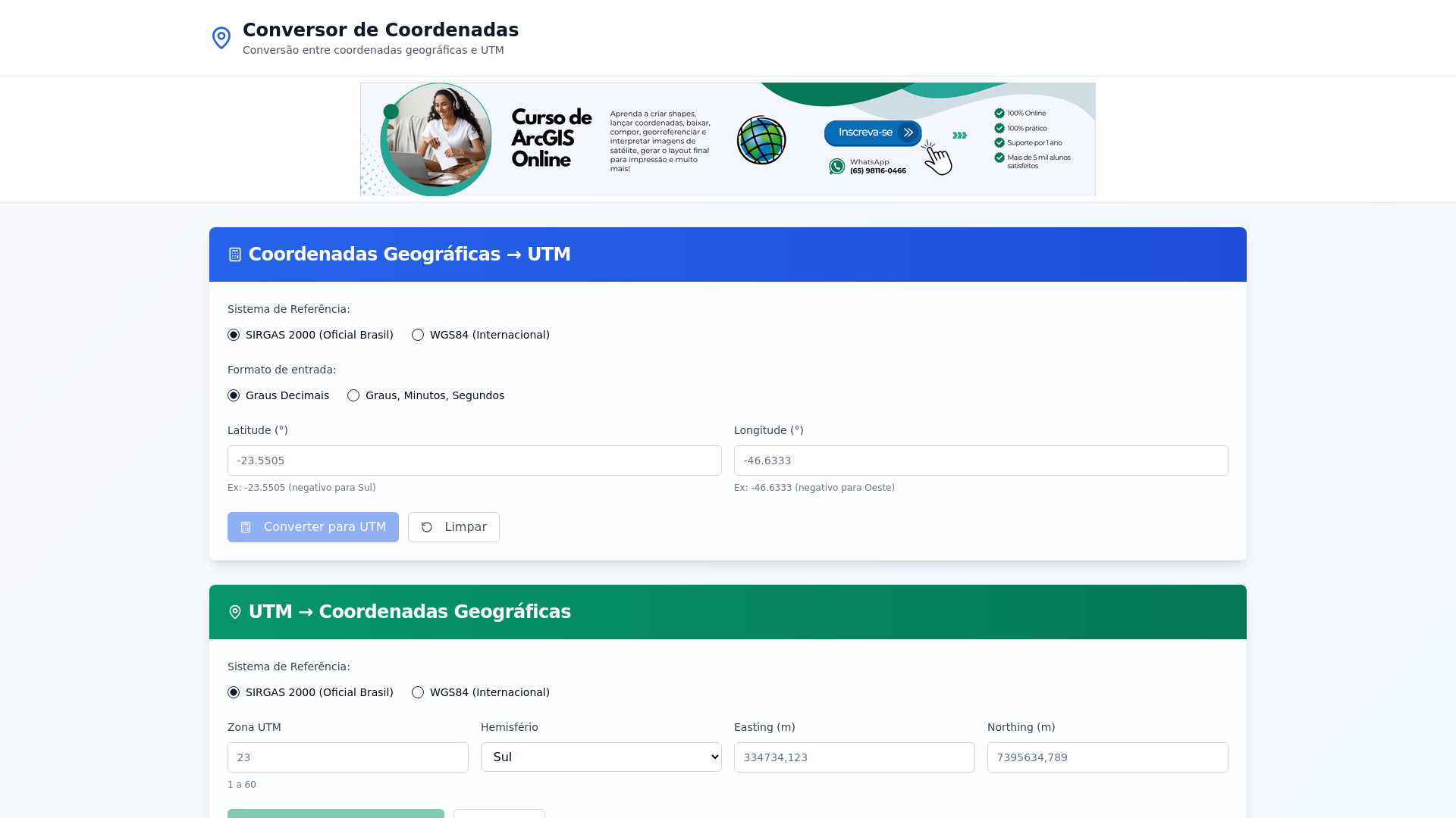 Conversor de Coordenadas - Geográficas para UTM | Ferramenta Online