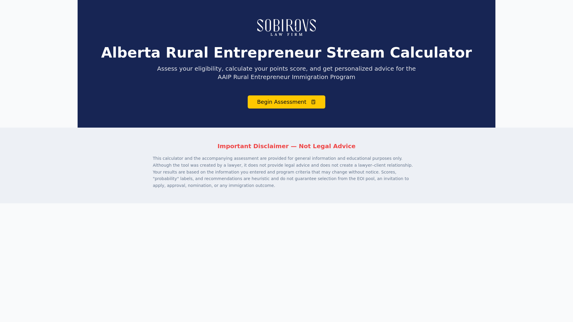 AAIP Rural Entrepreneur Stream Calculator | Alberta Immigration Assessment