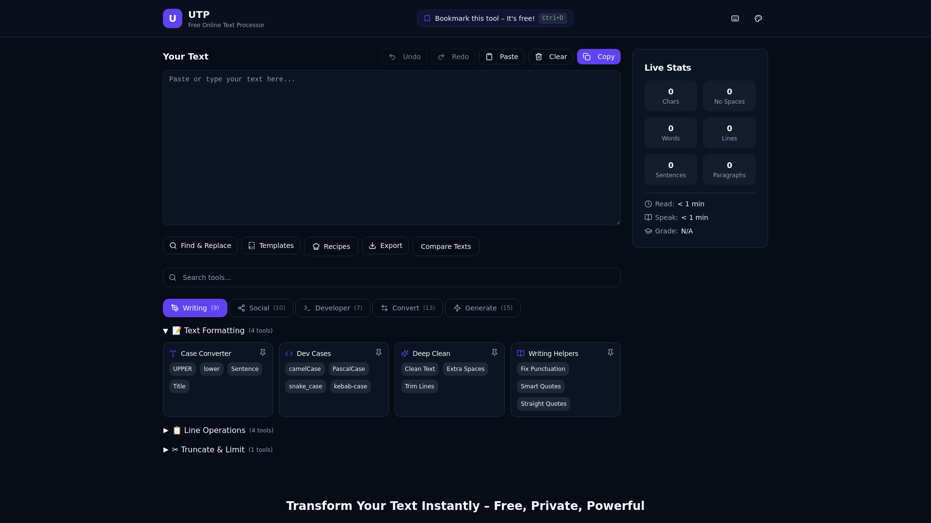 UTP - Free Online Text Processor, Formatter & Cleaner Tool