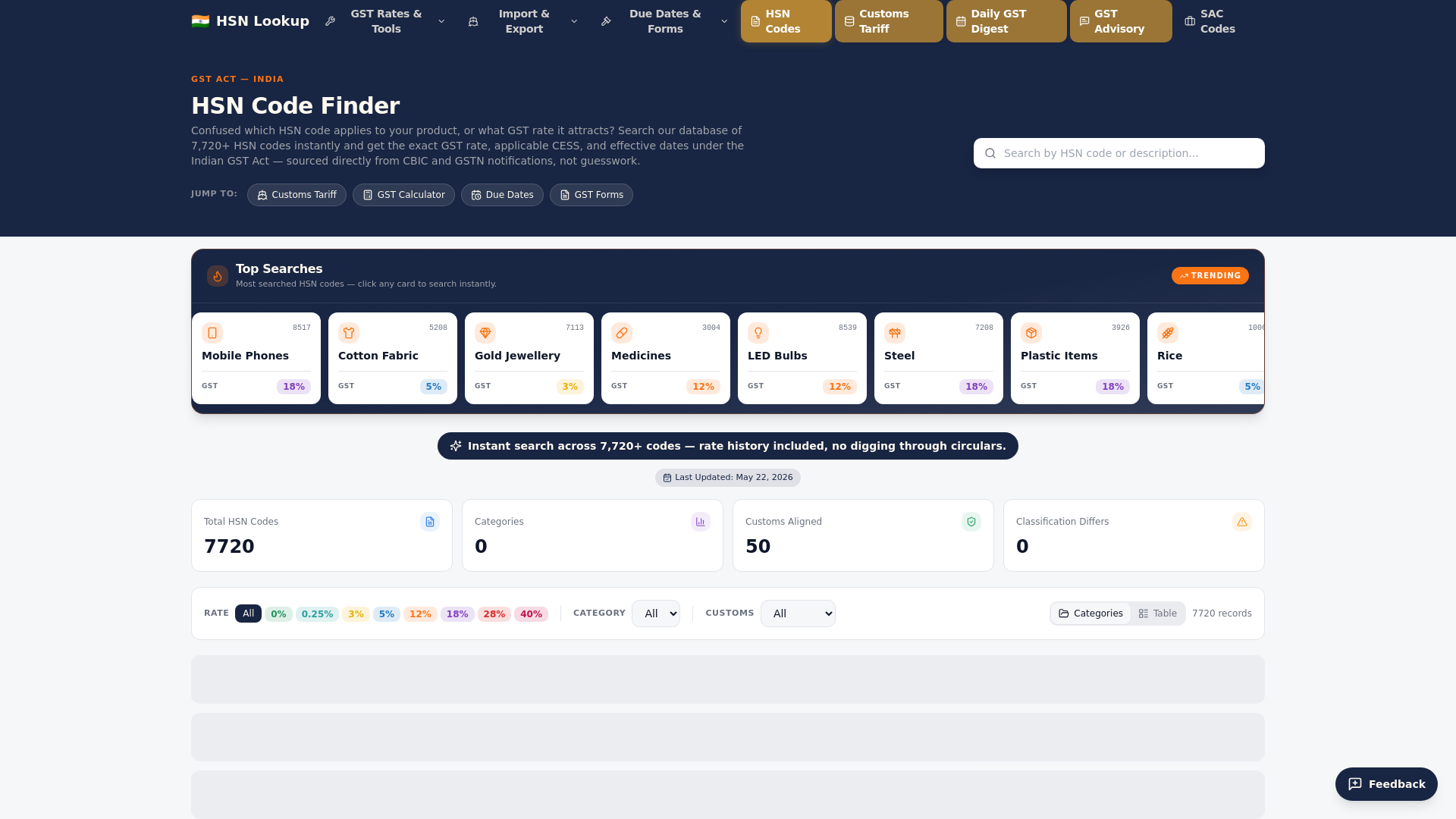 HSN Code Lookup — GST Rates & Customs Tariff (2026)