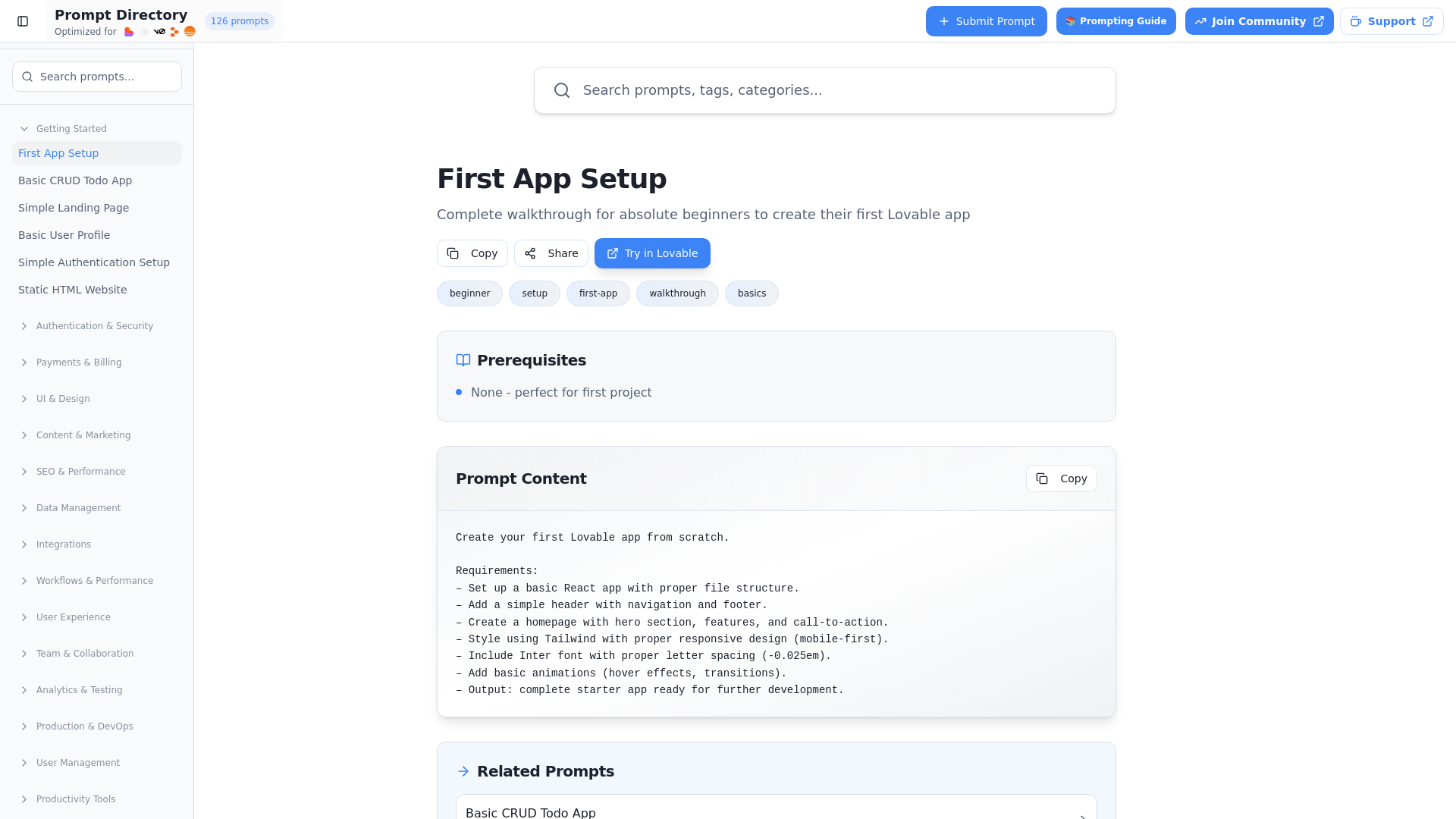 First App Setup - Getting Started | AI Prompt Directory | Optimized for ...