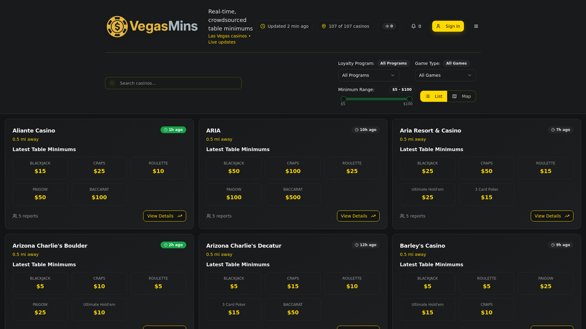 VegasMins - Real-time Casino Table Minimums