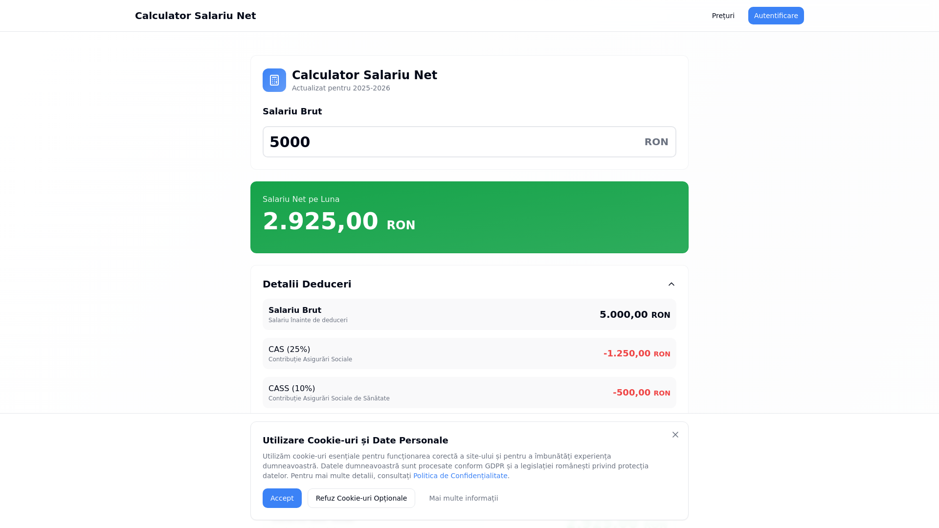 Calculator Salariu Net 2025 România | Calcul Instant Brut-Net CAS CASS
