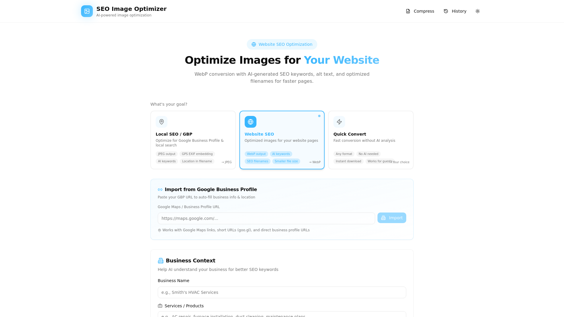 SEO Image Optimizer - AI-Powered WebP Conversion & SEO Keywords