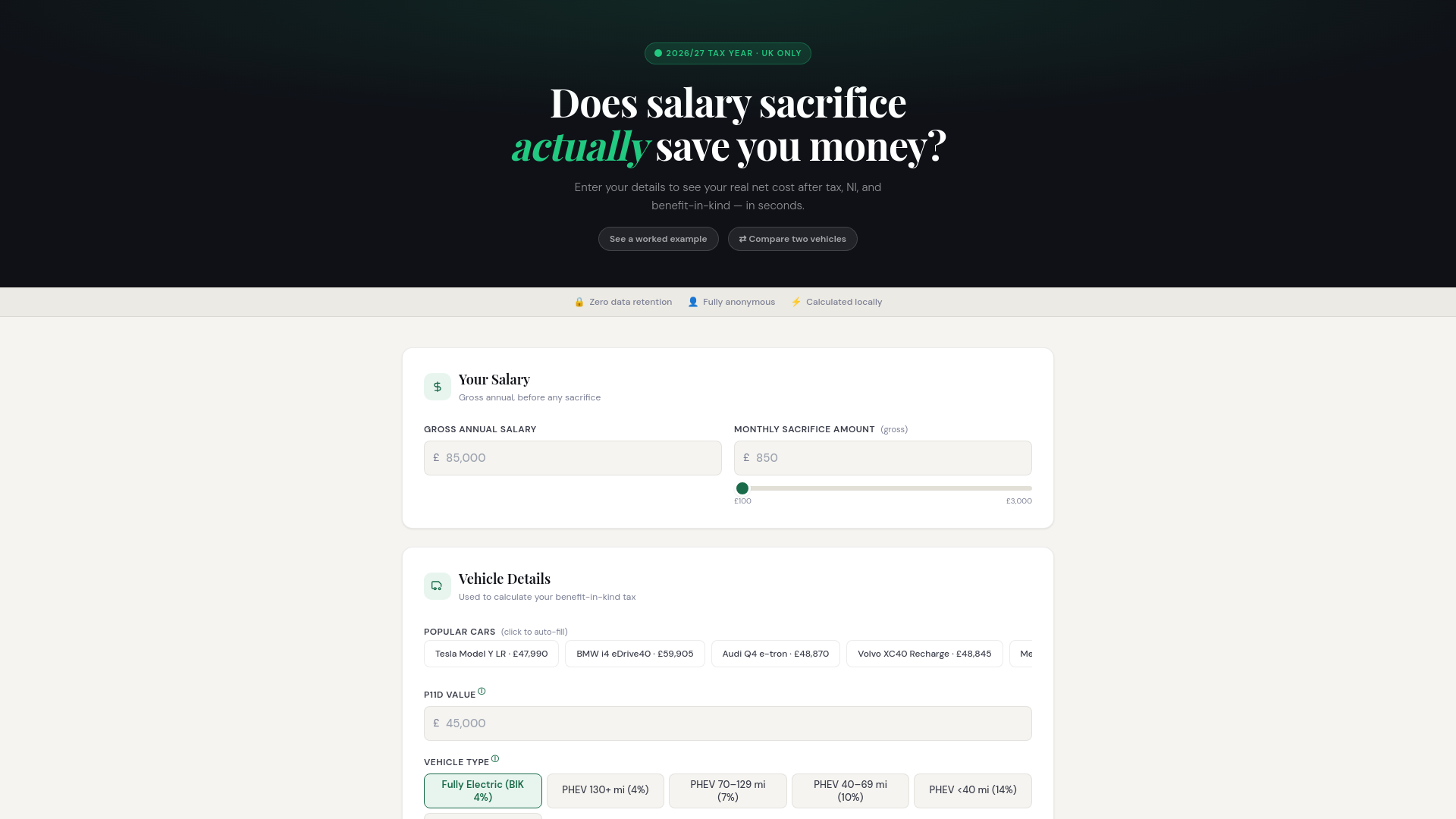 Salary Sacrifice Car Calculator 2026/27 | UK EV Scheme Calculator