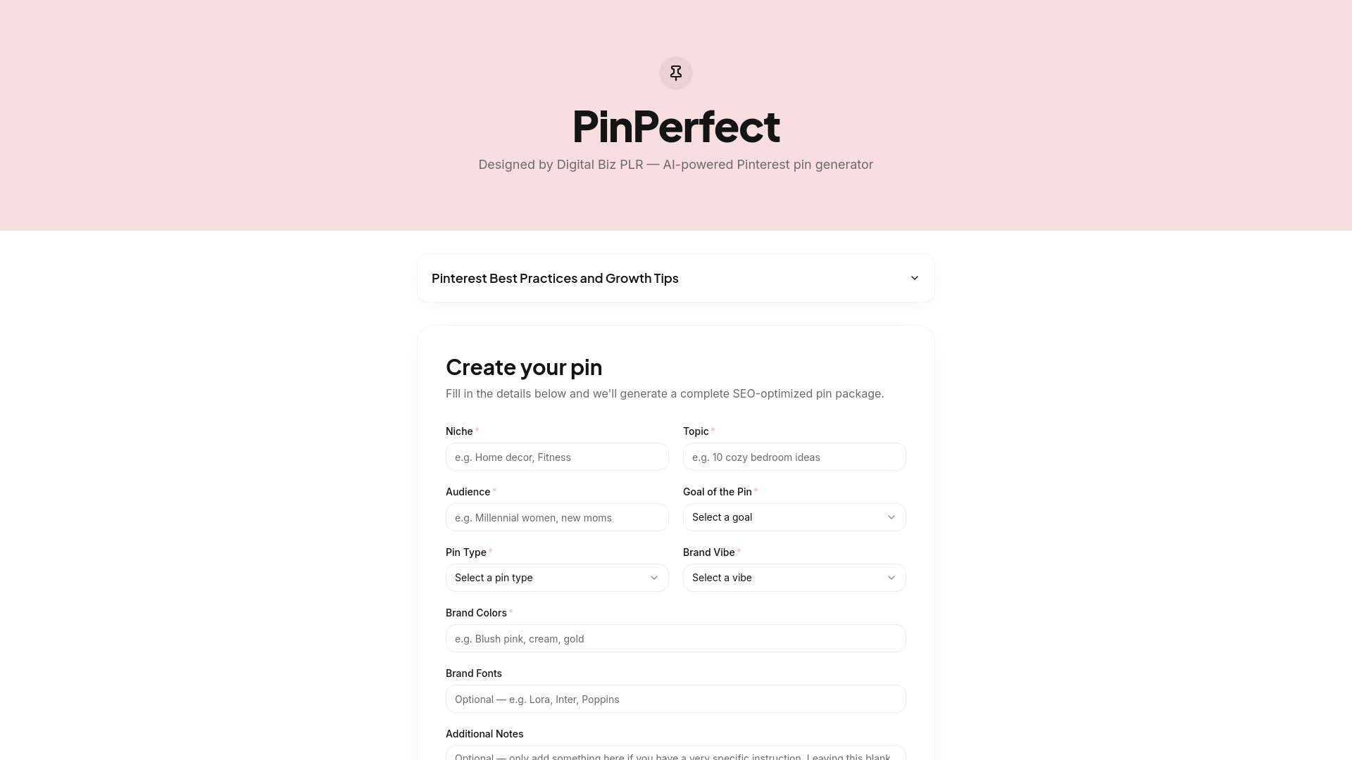 PinPerfect — AI Pinterest Pin Generator | Digital Biz PLR