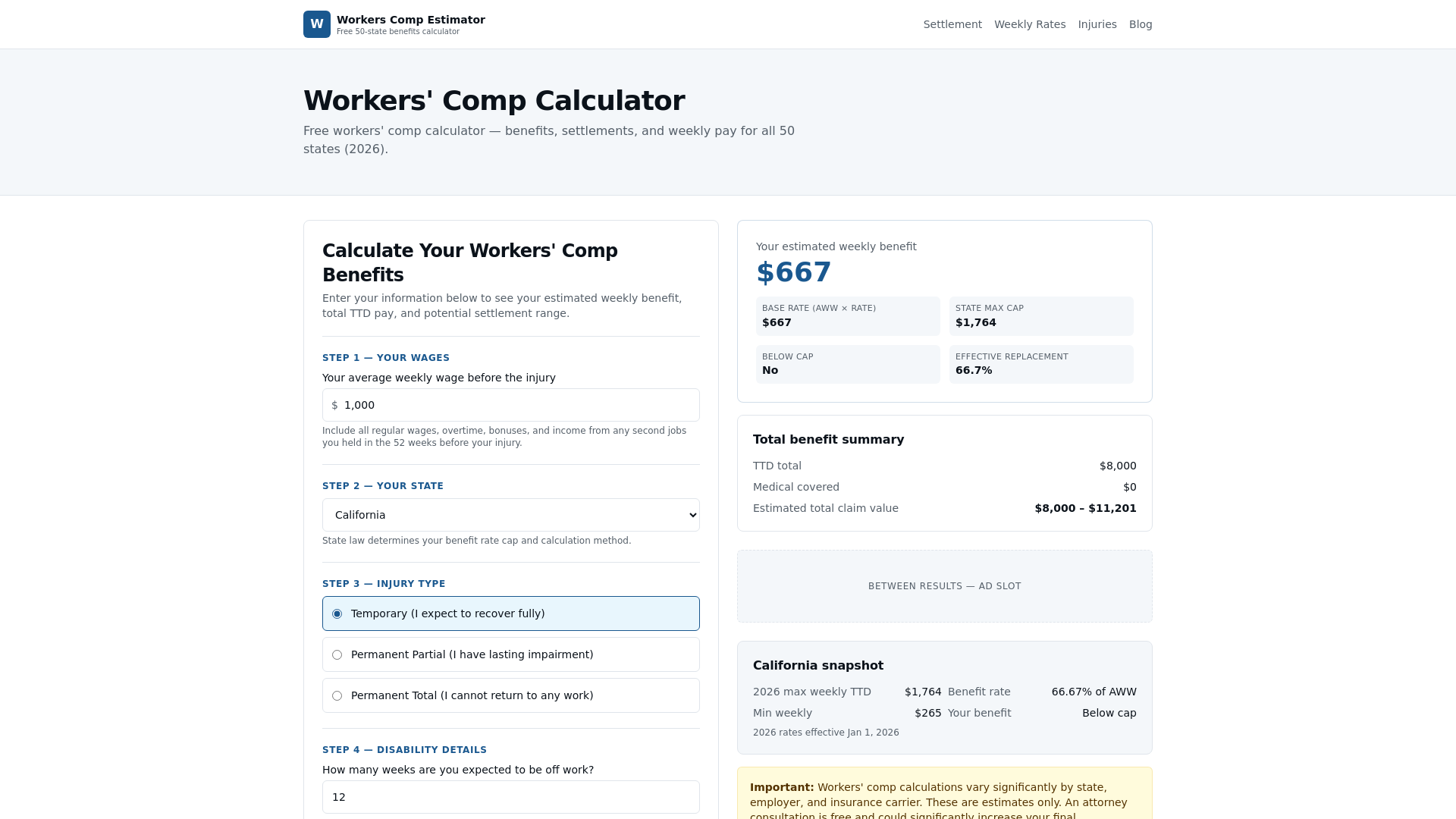 California Workers' Comp Calculator (2026) — Max $1,764/wk